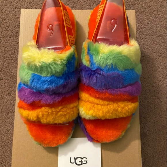 UGG | Shoes | Ugg Fluff Yeah Slide Cali Collage Rainbow Stripes | Poshmark